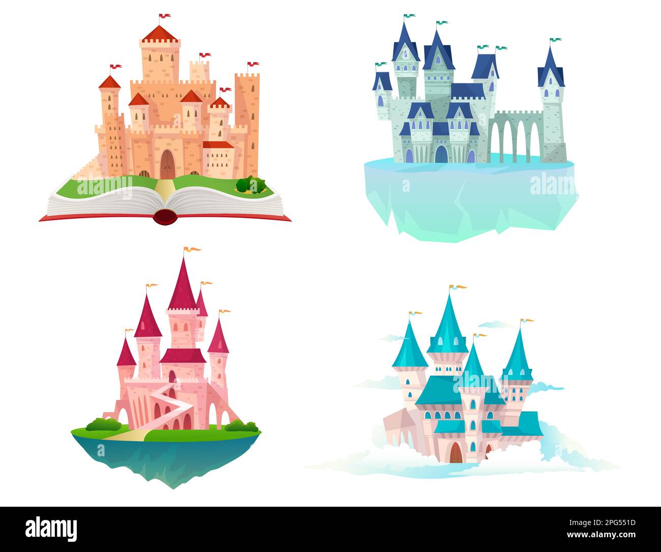 Fantastic castles, fairy tale palaces with towers with flags on books ...