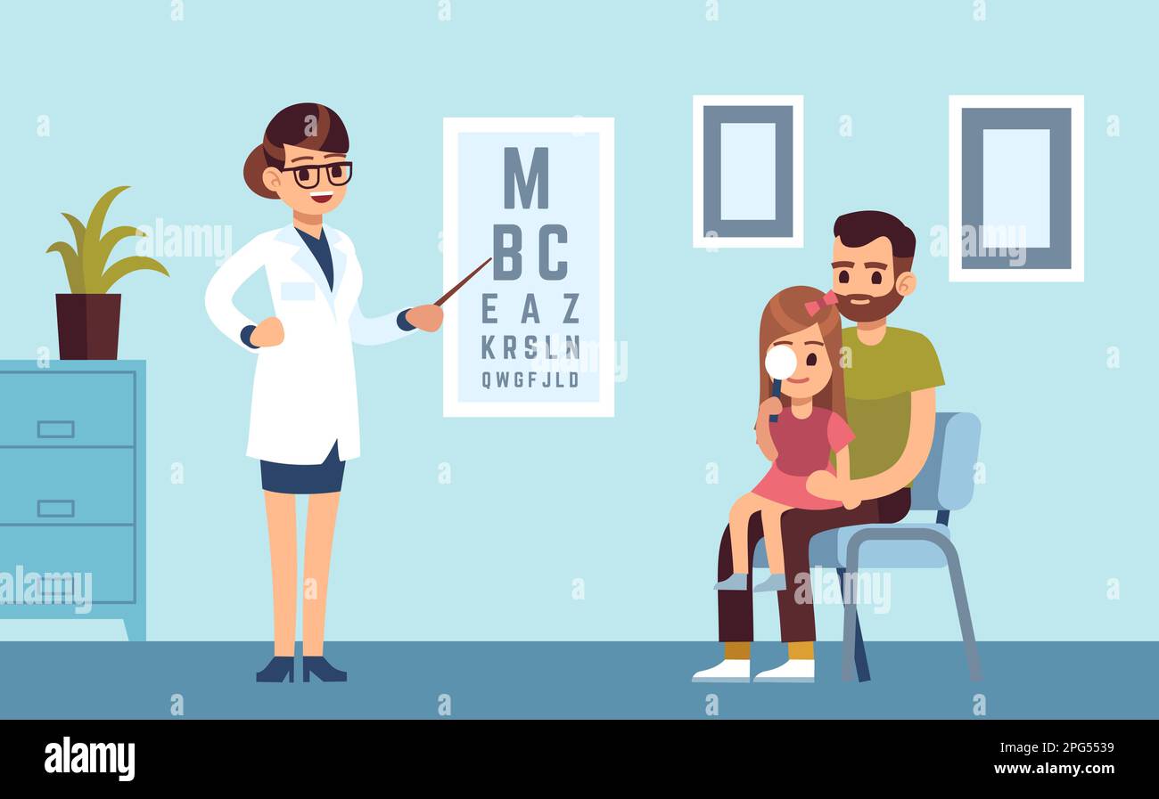 Female ophthalmologist in white coat is examining girls state of vision ...