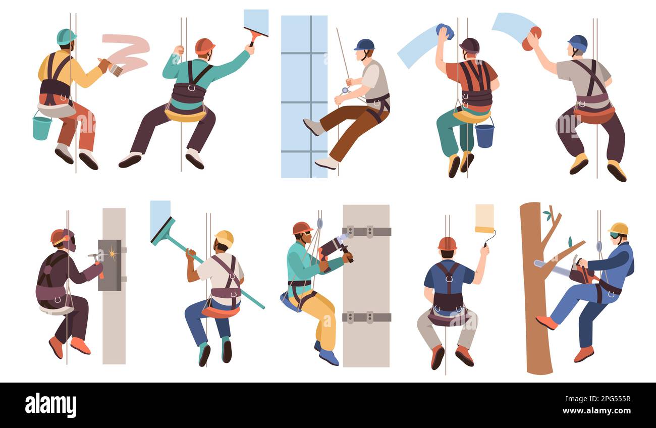 Industrial climbers. Dangerous profession, men work at height with ...