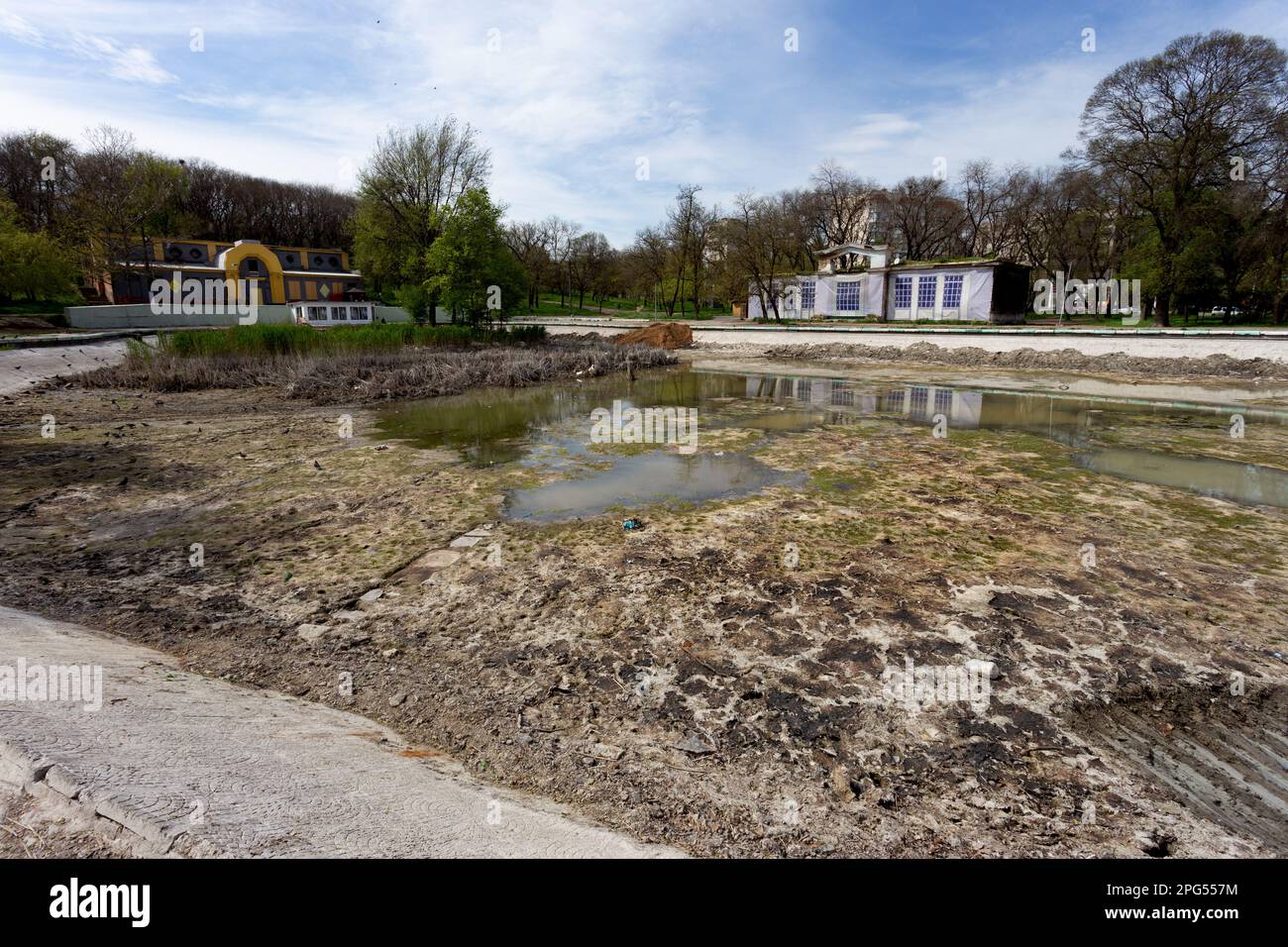 Ecological catastrophy. Drying lake in city park. Dry swamp lake ...