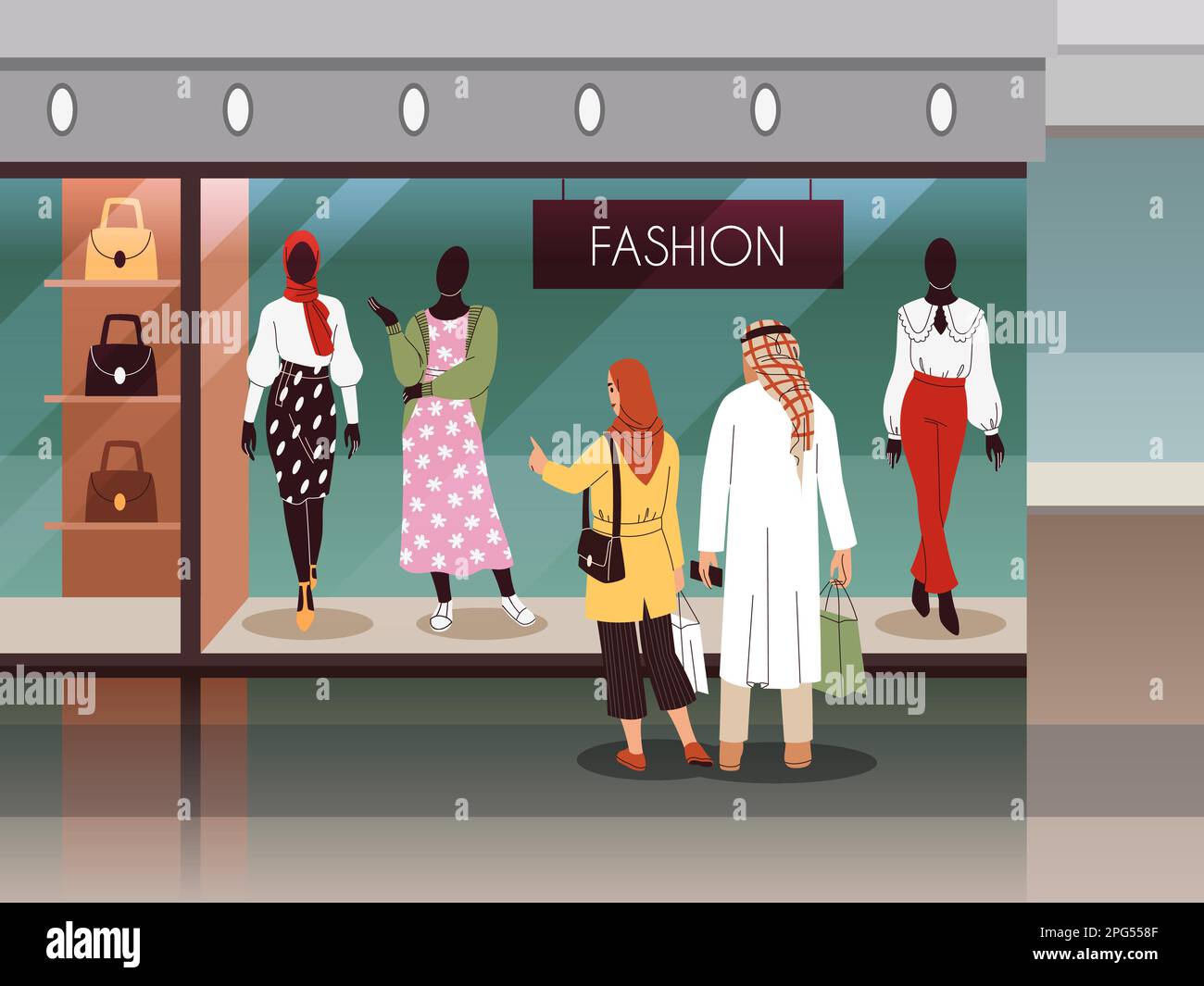 Muslim couple shopping. Arabian spouses at shop window, fashionable ...