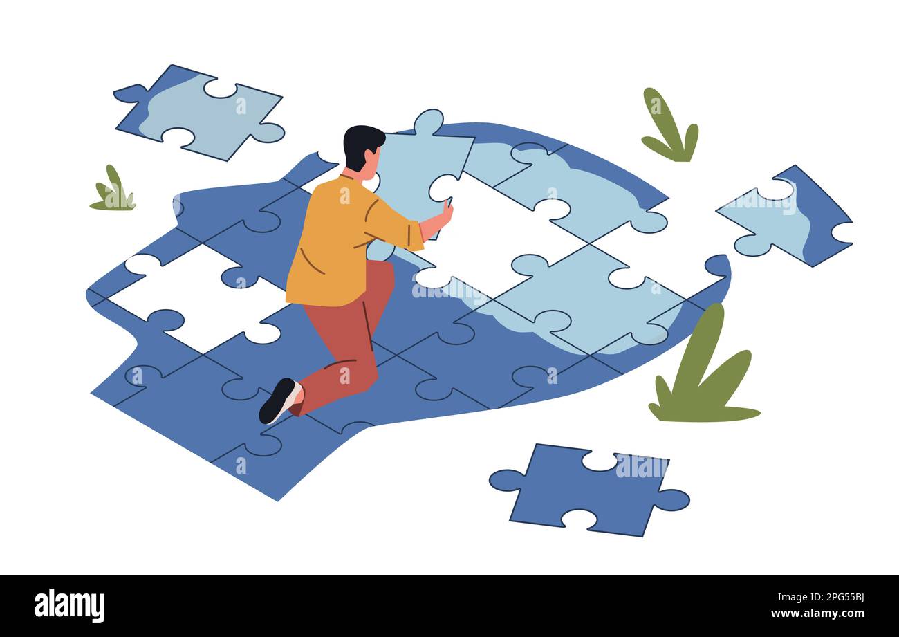 Open mind psychotherapy. Person collects his lost identity from puzzle ...