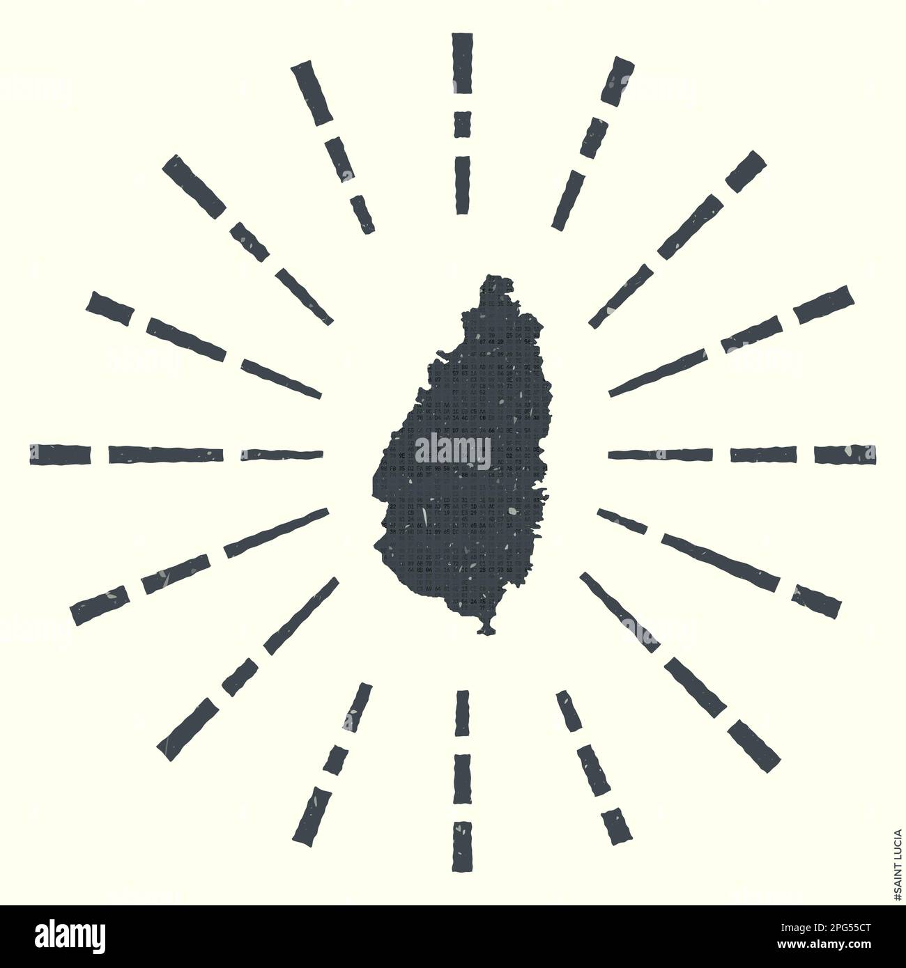 Saint Lucia Logo. Grunge sunburst poster with map of the island. Shape ...