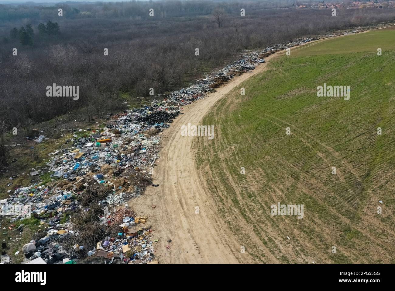 Amazing ecological pollution in Hungary. Near a town, there is a lot of ...