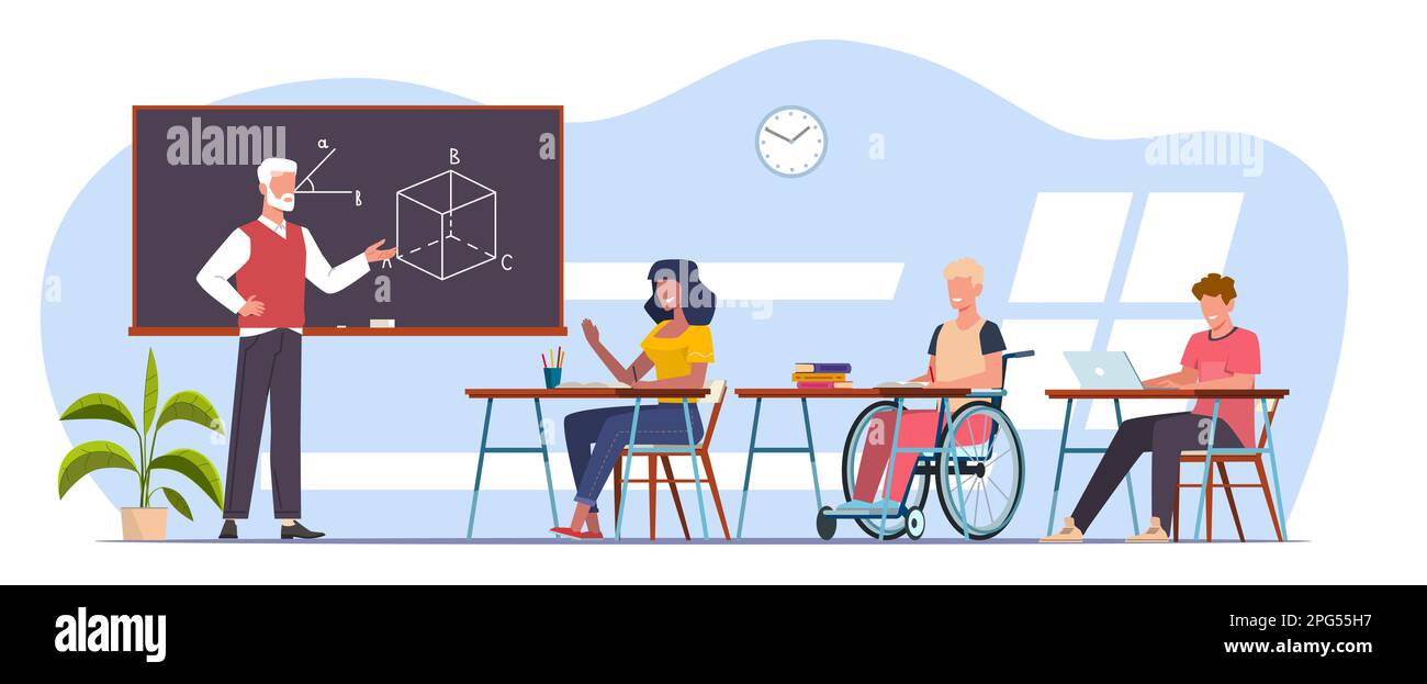 Teacher and diverse children learn in classroom, child with disability ...