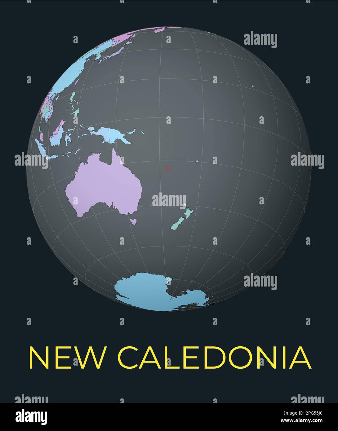 World map centered on New Caledonia. Red country highlighted. Satellite ...