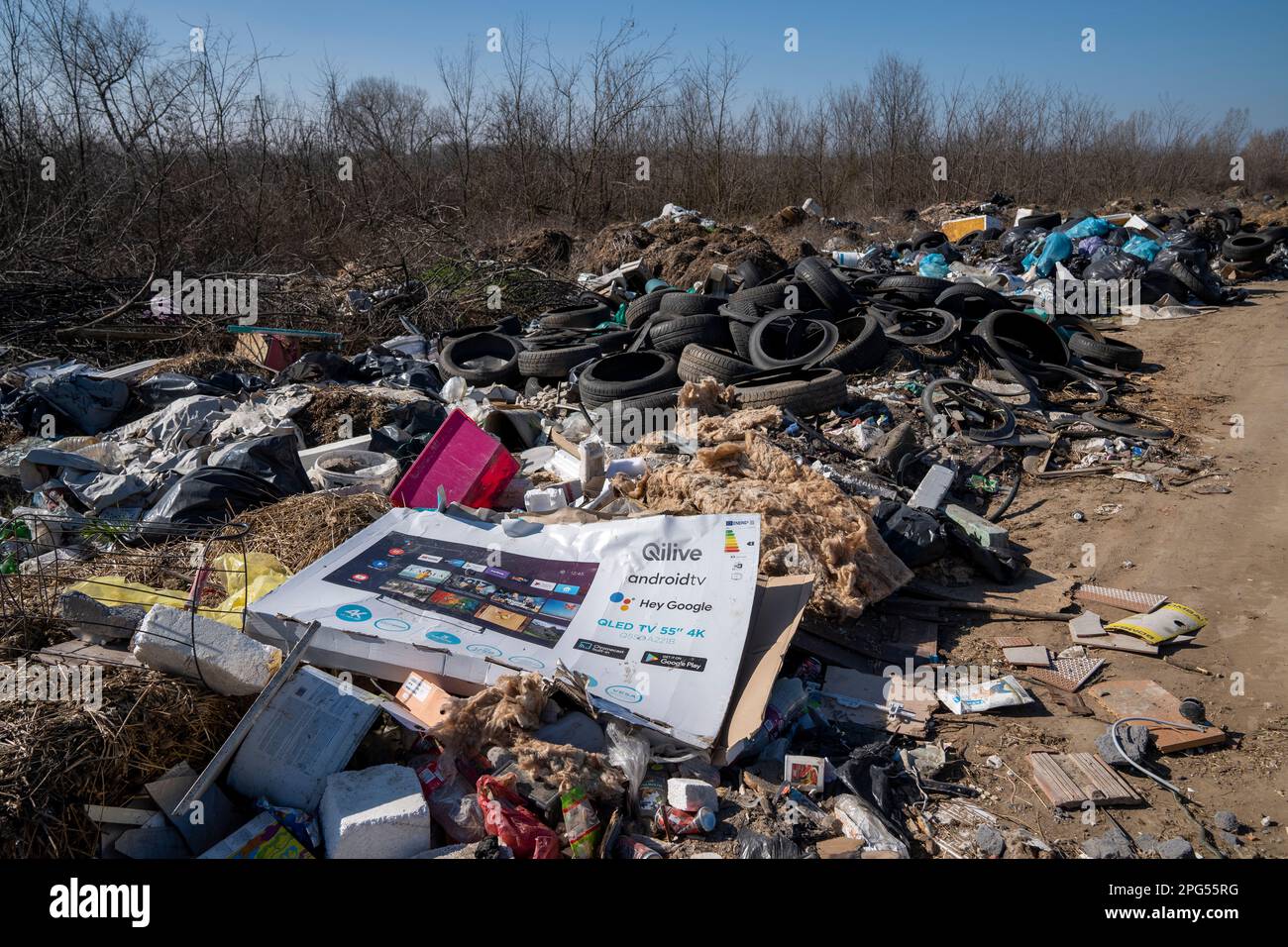 Amazing ecological pollution in Hungary. Near a town, there is a lot of ...
