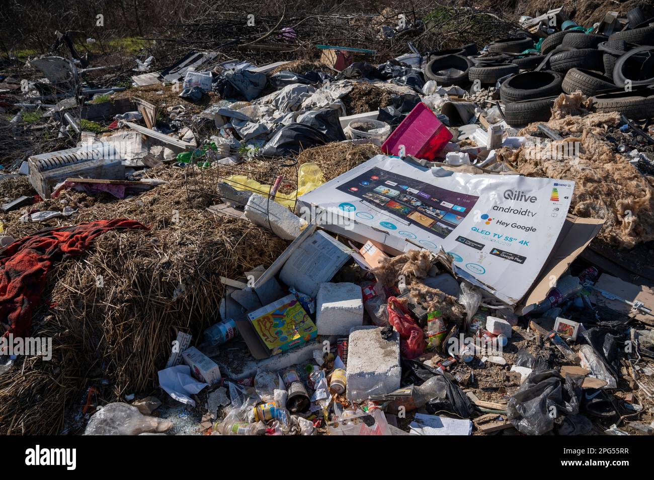 Amazing ecological pollution in Hungary. Near a town, there is a lot of ...