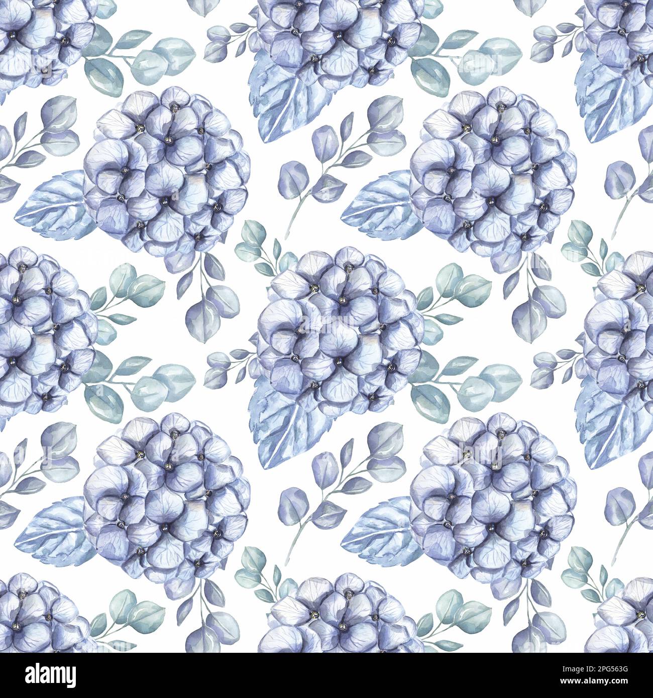 Watercolor blue hydrangea flowers and fern seamless paper. garden ...