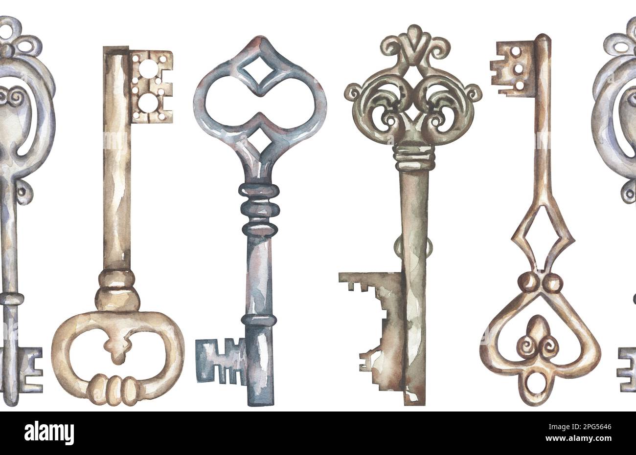 Watercolor retro style seamless border with keys clipart. vintage keys ...