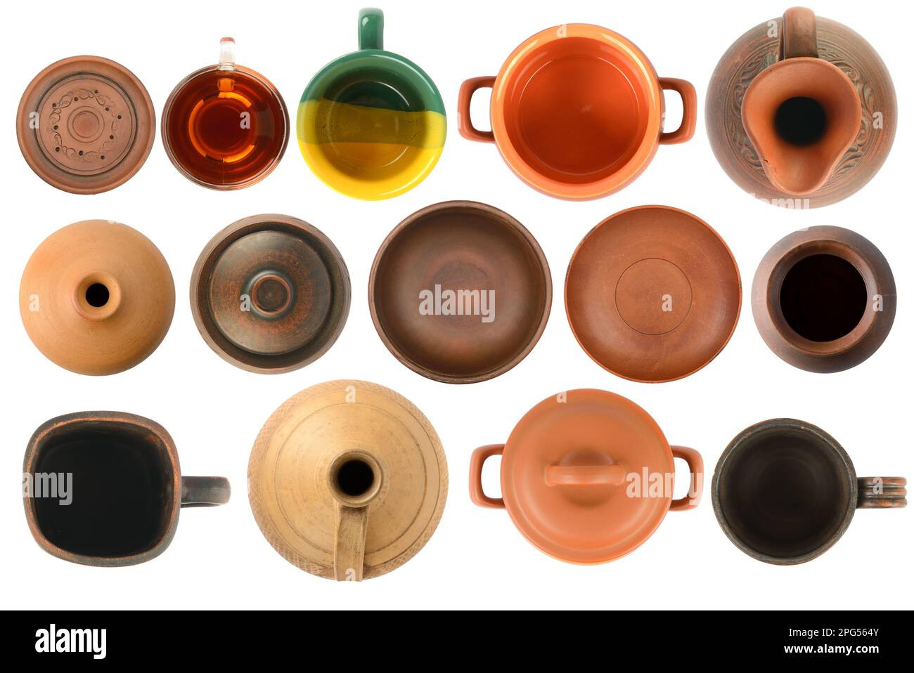 Collection of ceramic products top view isolated on white background ...