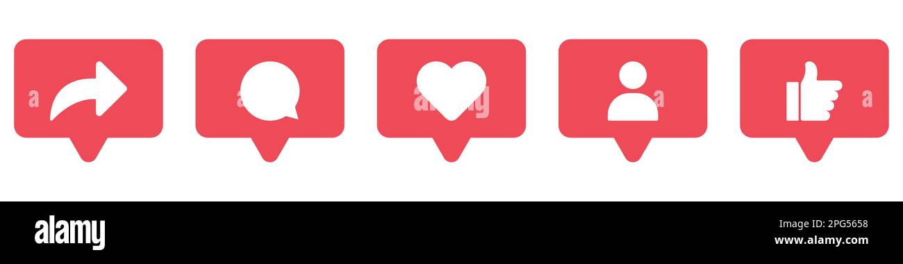 Social media notification icons. Share, comment, like, love, follow ...