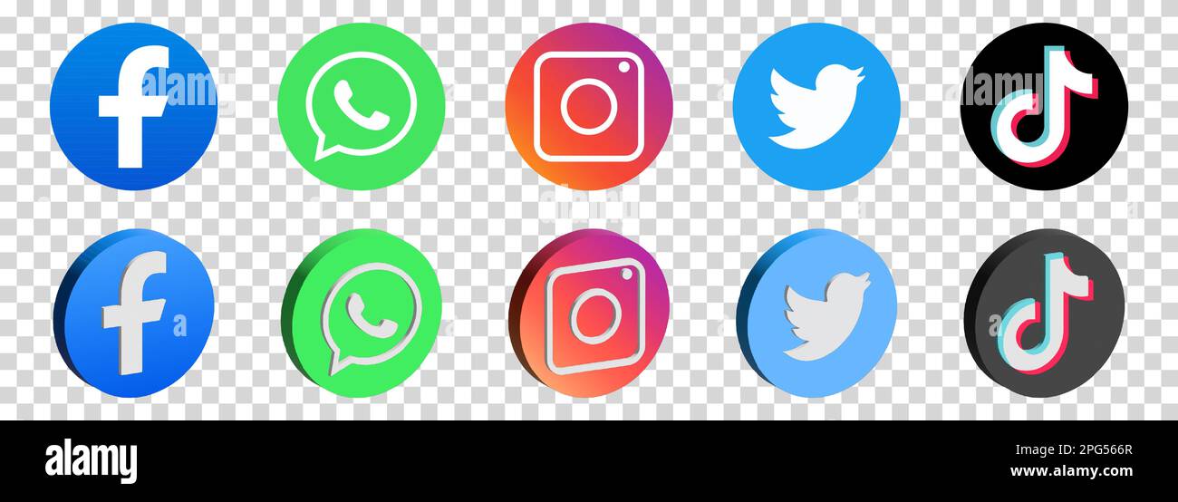 Social media 3d logos set. Facebook, whatsapp, instagram, twitter and tik tok. Vector editorial ...
