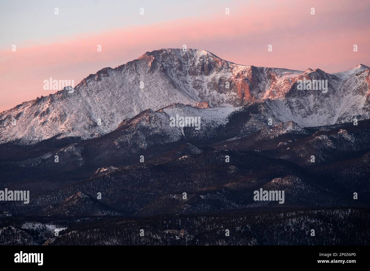 The north face of Pikes Peak at dawn, from the Rampart Range Road above ...