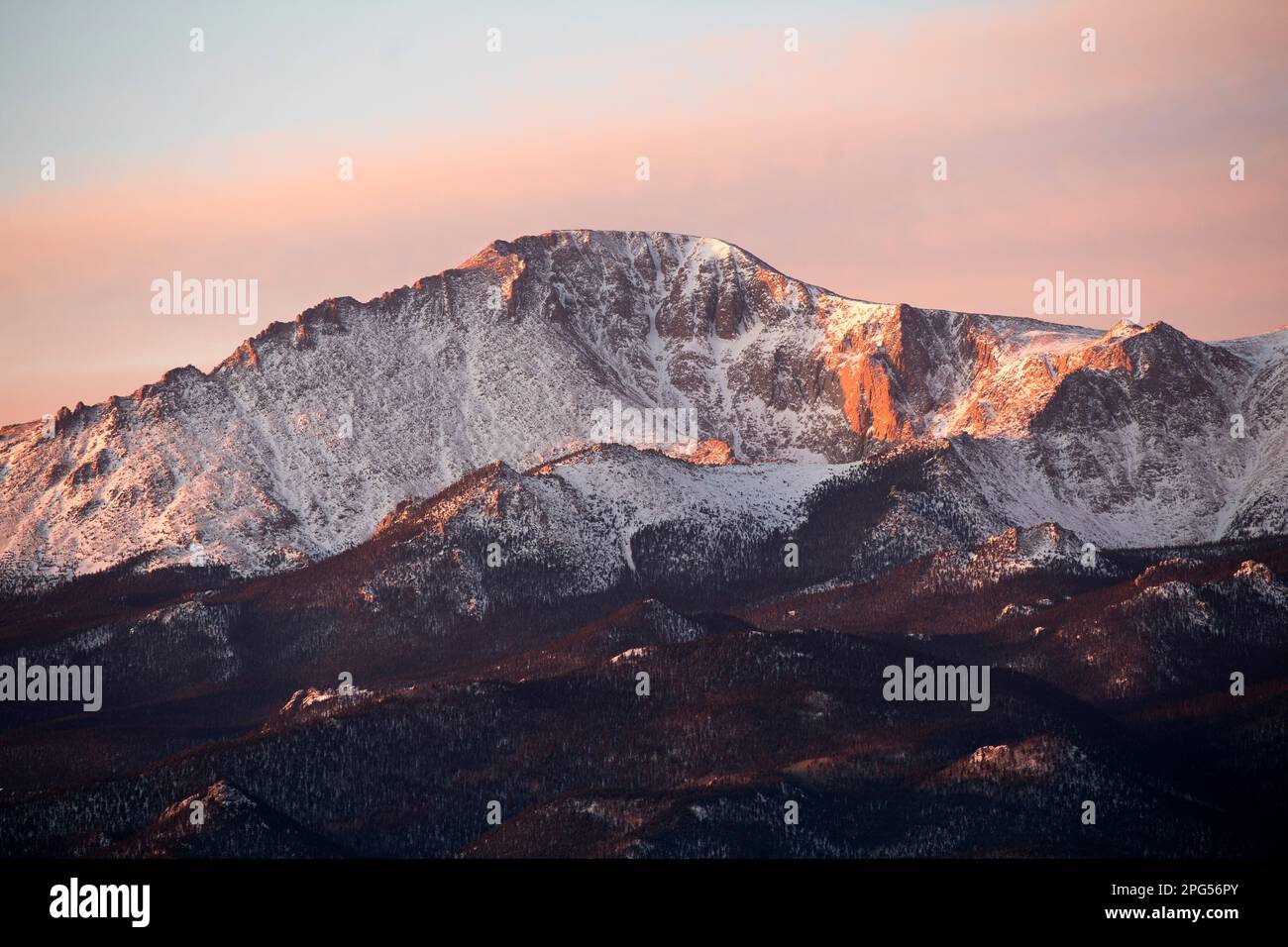 The north face of Pikes Peak at dawn, from the Rampart Range Road above ...