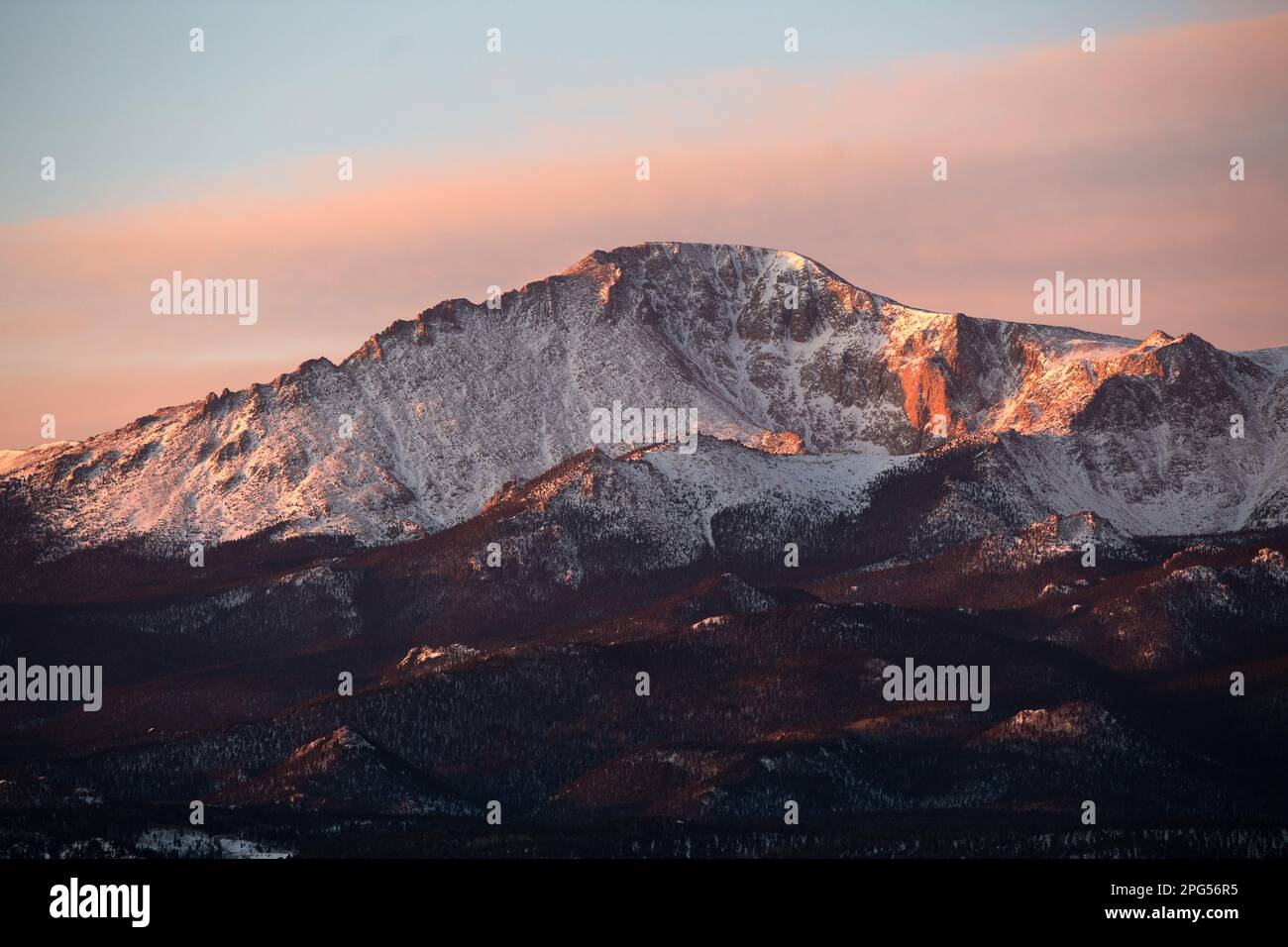 The north face of Pikes Peak at dawn, from the Rampart Range Road above ...