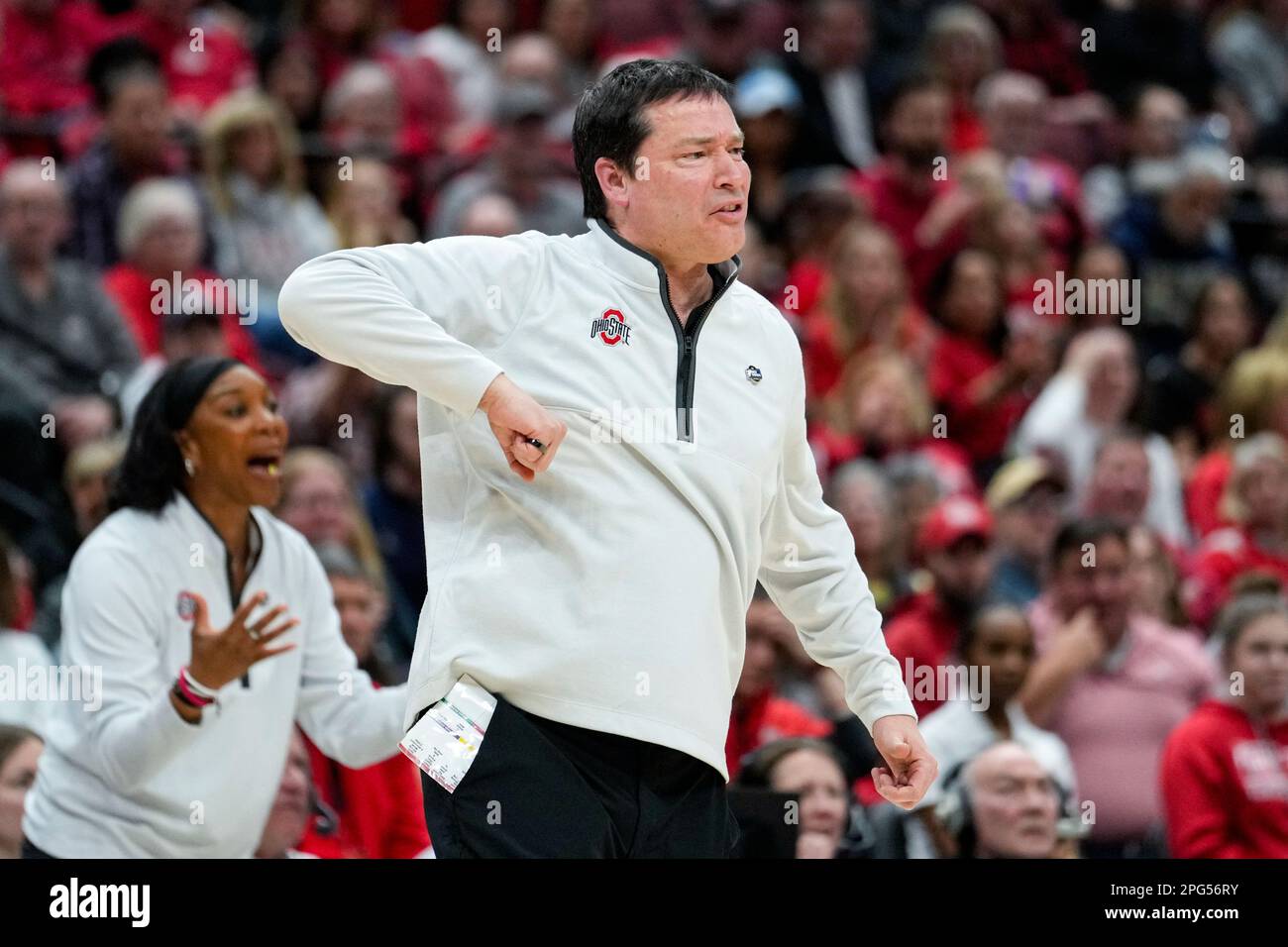Ohio State head coach Kevin McGuff questions a call as his team plays North Carolina in the ...