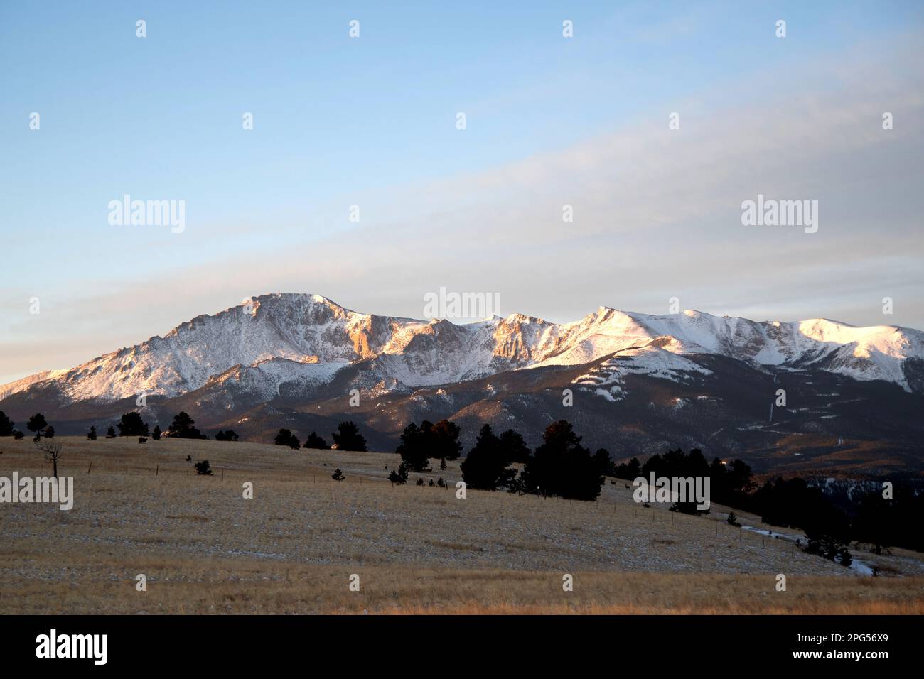 The north face of Pikes Peak at dawn, from the Rampart Range Road above ...