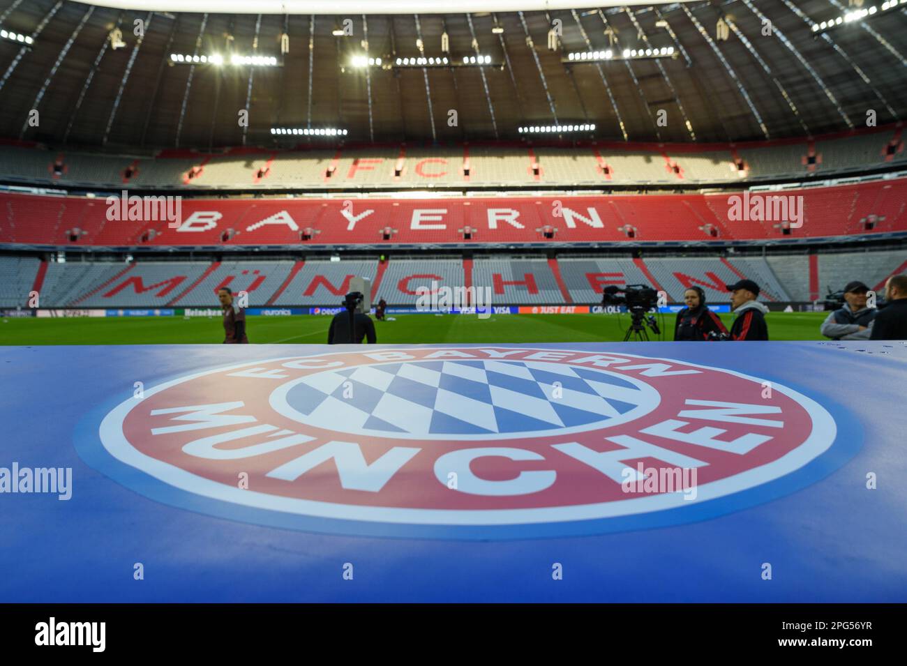 Munich, Germany, Mar 20th 2023: Bayern Muenchen logo in the evening sun ...