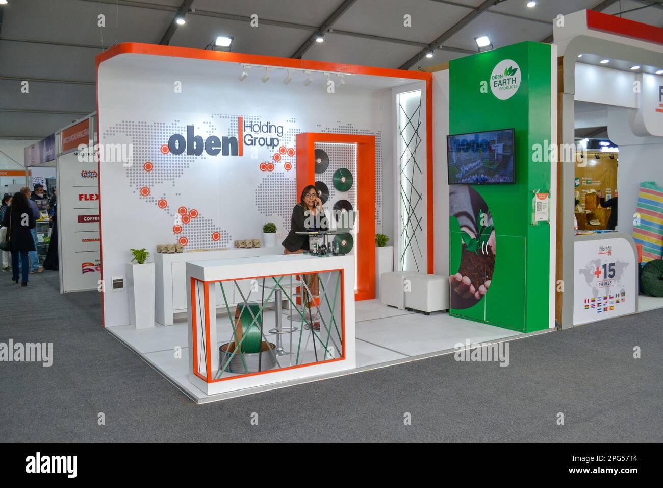 Exhibition of stands of different business brands at the Expoplast and ...