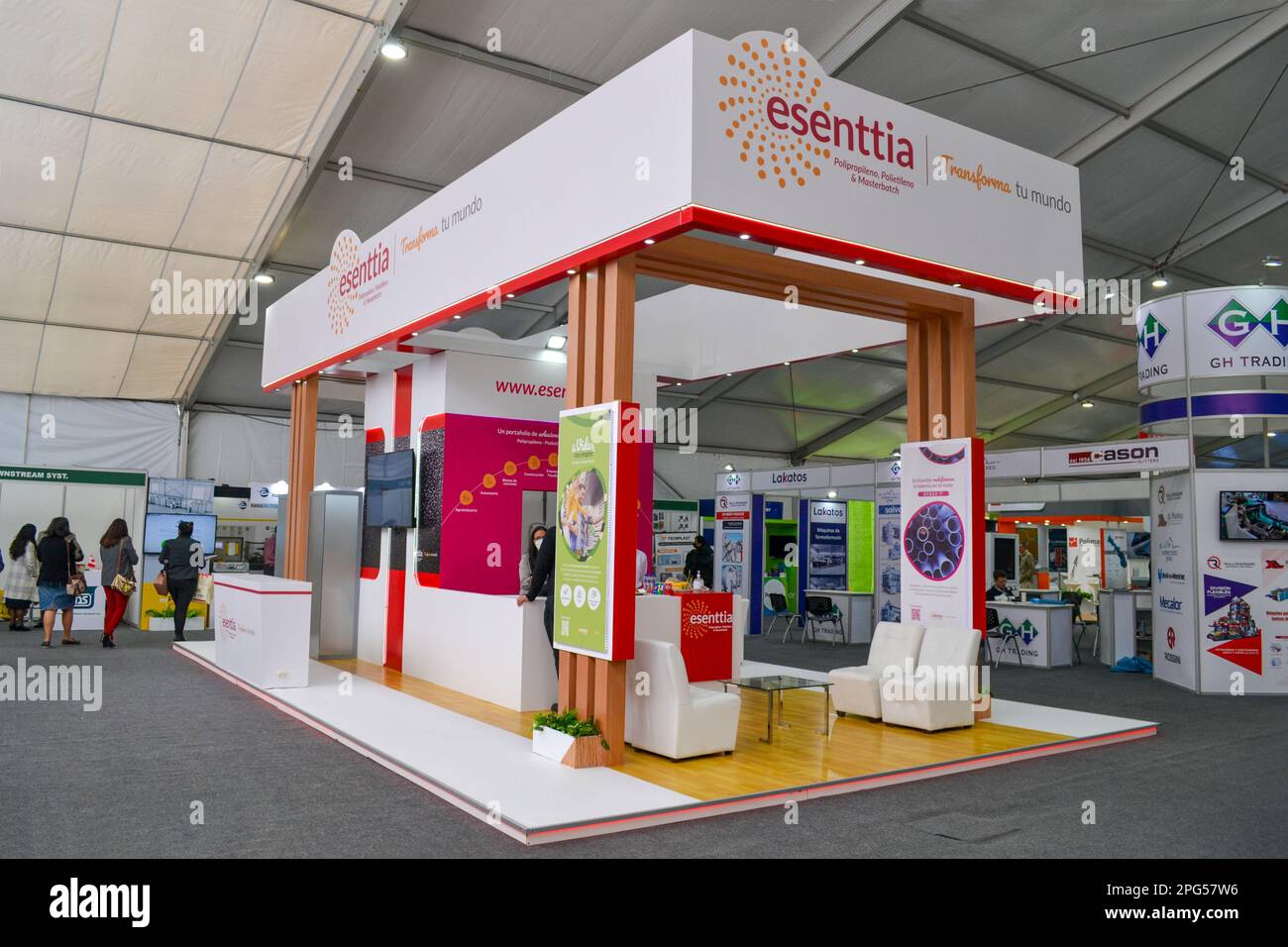 Exhibition of stands of different business brands at the Expoplast and ...