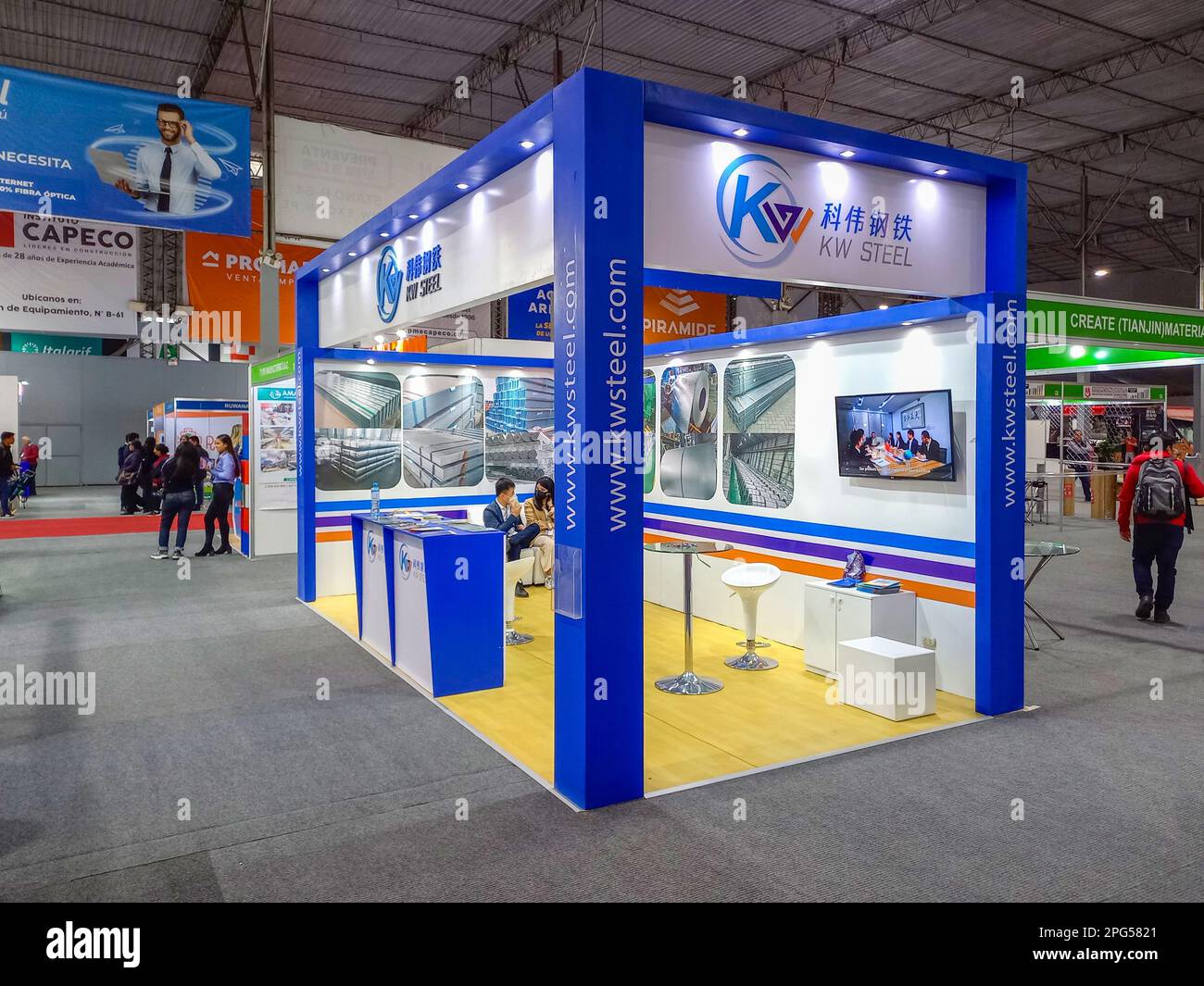 Exhibition of stands of different business brands at the Excon Peru ...