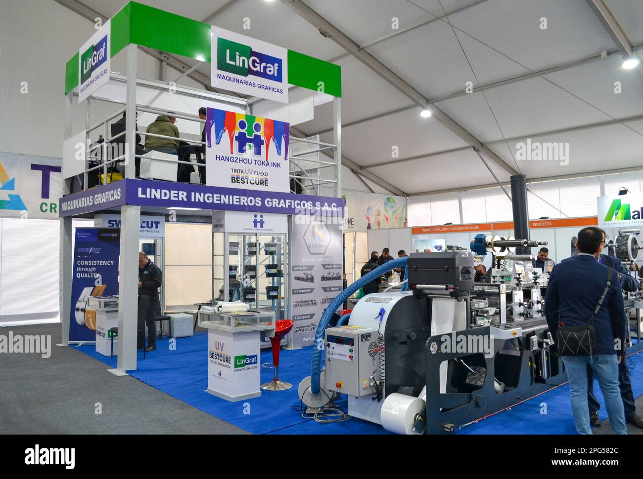 Exhibition of stands of different business brands at the Expoplast and ...