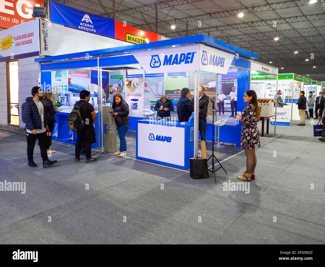 Exhibition of stands of different business brands at the Excon Peru ...