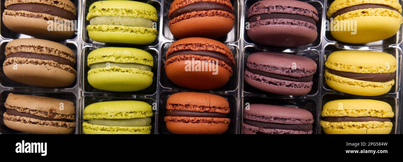 background banner of various flavor macaron pastries Stock Photo - Alamy