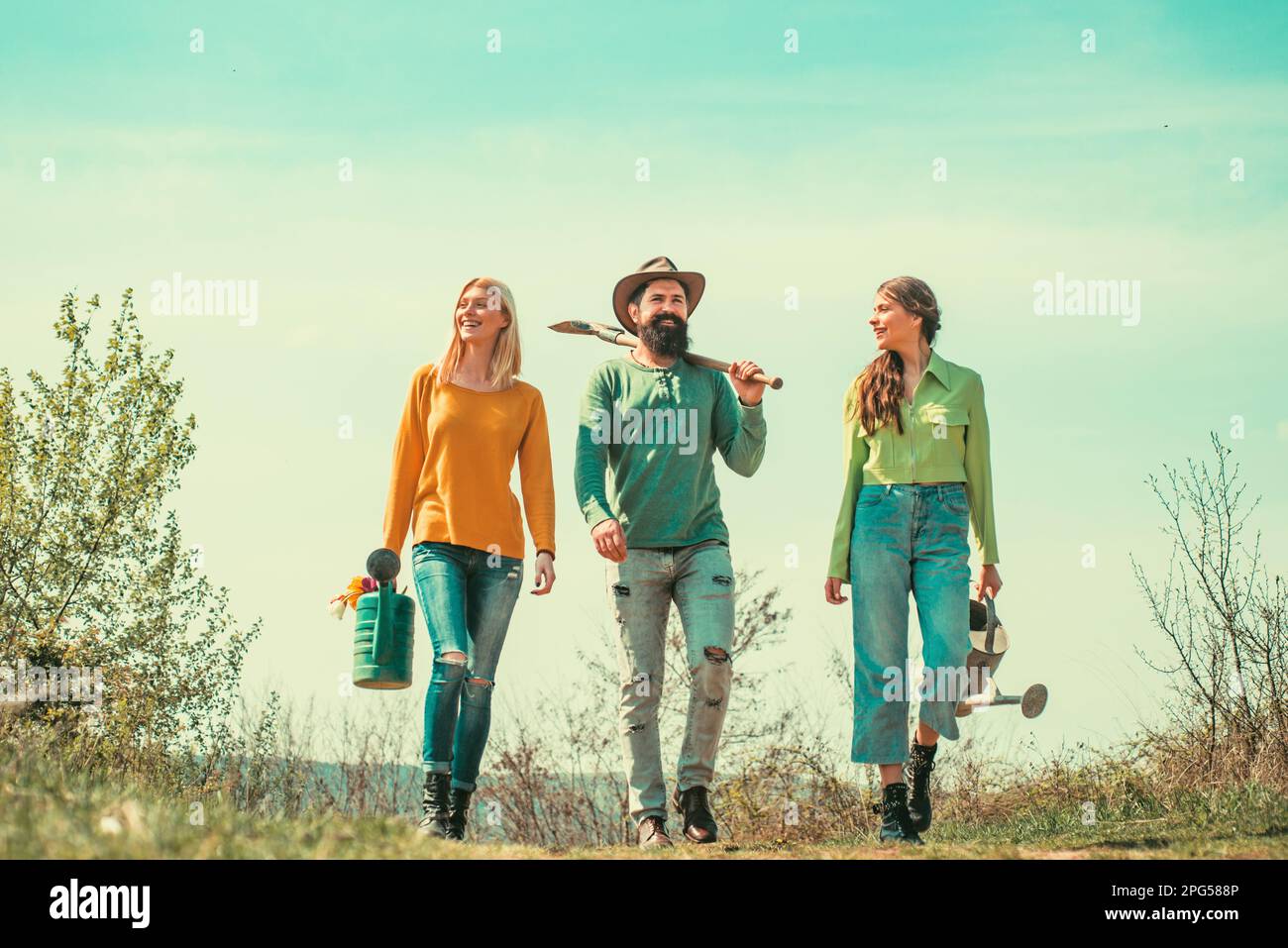 Teamwork and friends togetherness concept. Plants and gardening as ...