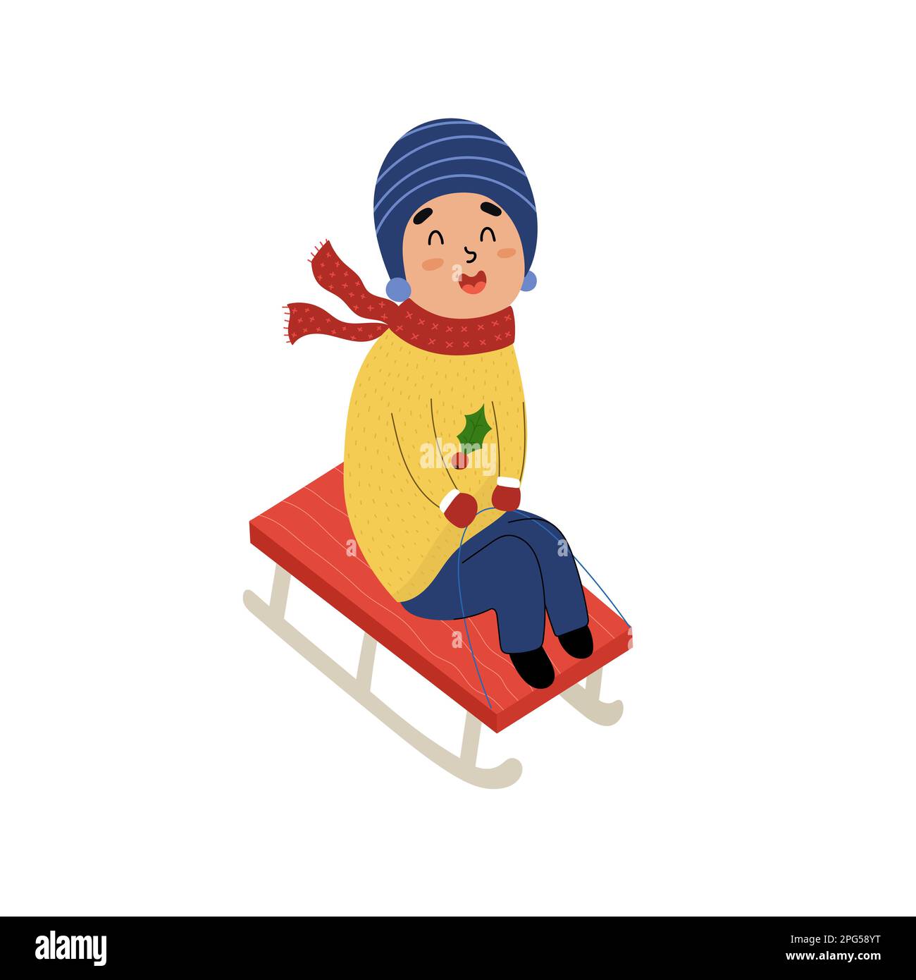 Cute boy sledding isolated element. Kid enjoying the winter funny print ...