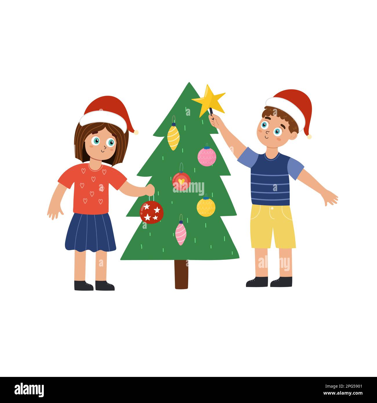 Cute boy and girl decorating the Christmas tree isolated element Stock ...