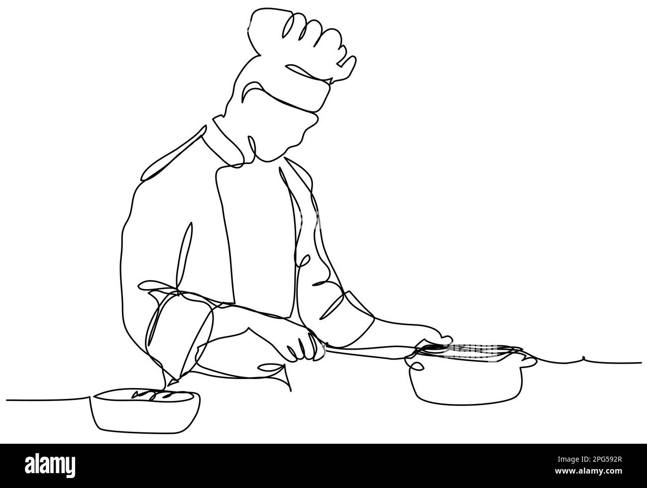The cook prepares the dish in one line on a white background Stock ...