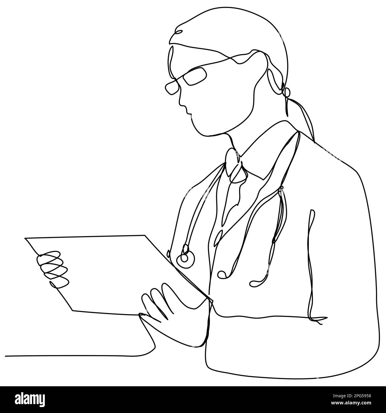 A woman doctor holds a patient card in one line on a white background ...