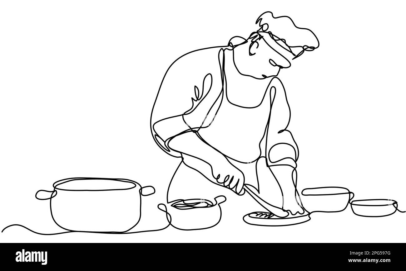 The chef is working on creating dishes in one line on a white ...