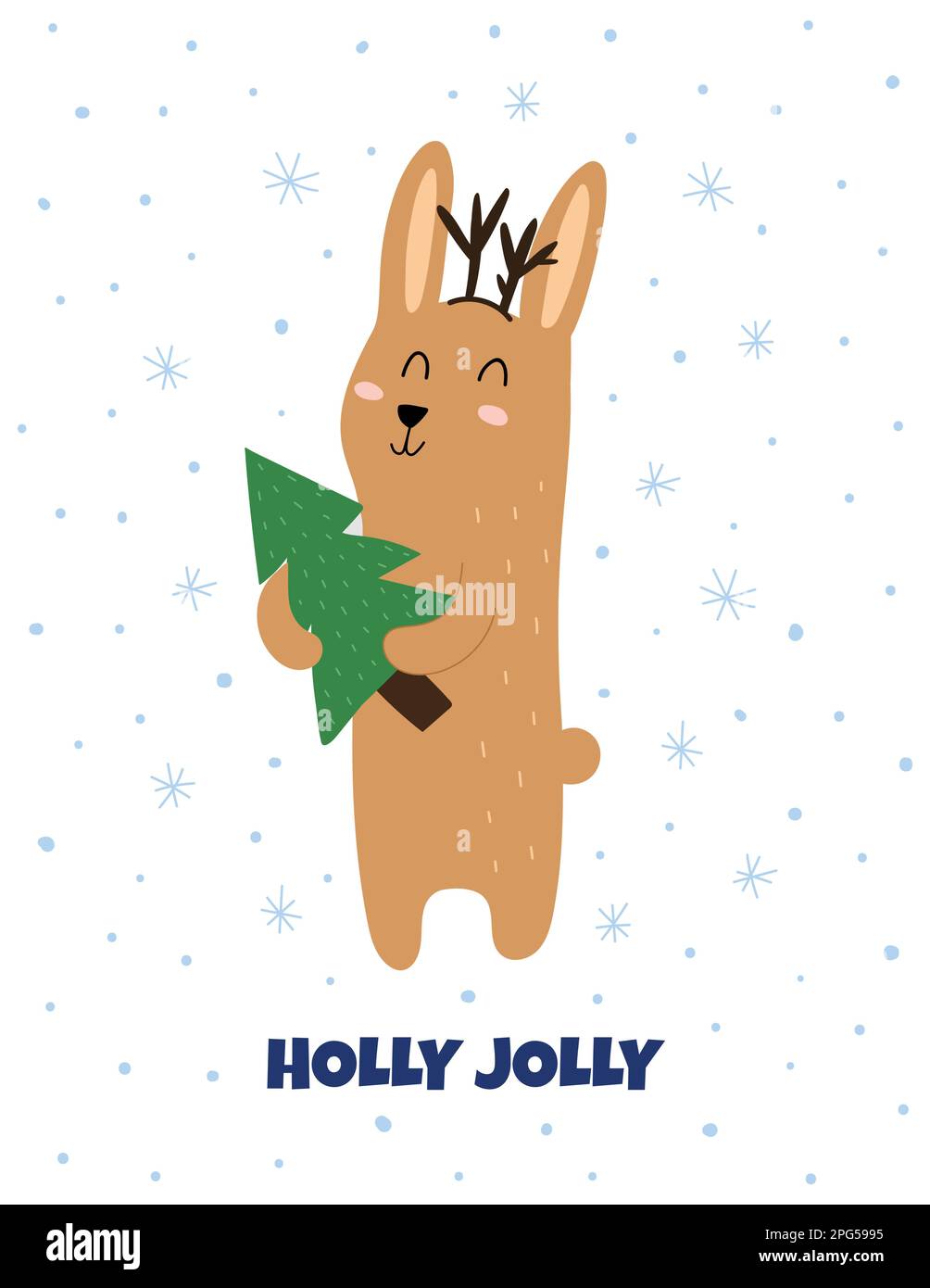 Holly Jolly greeting card with a cute rabbit carrying Christmas tree ...