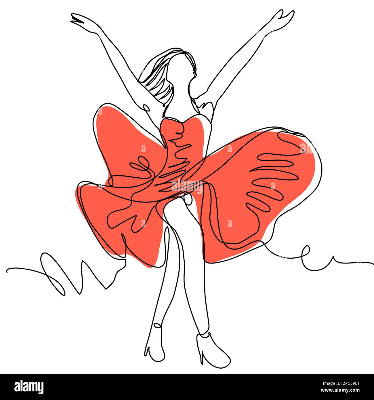 The girl catches the wind with her hands with a developing red dress in ...