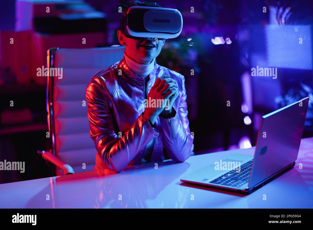 Neon metaverse futuristic concept. modern business woman in virtual ...