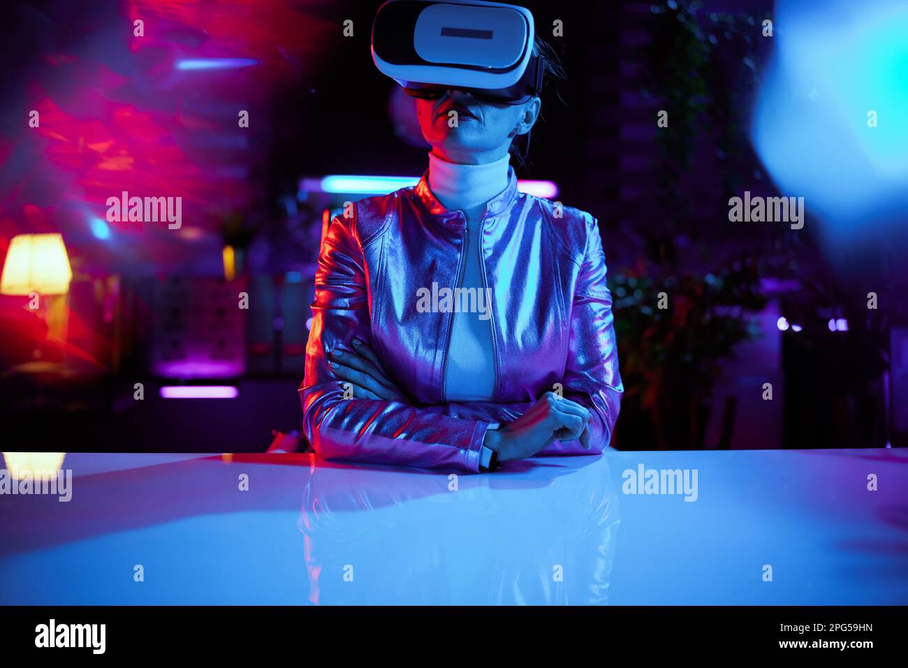 Neon metaverse futuristic concept. modern woman in vr headset in modern ...