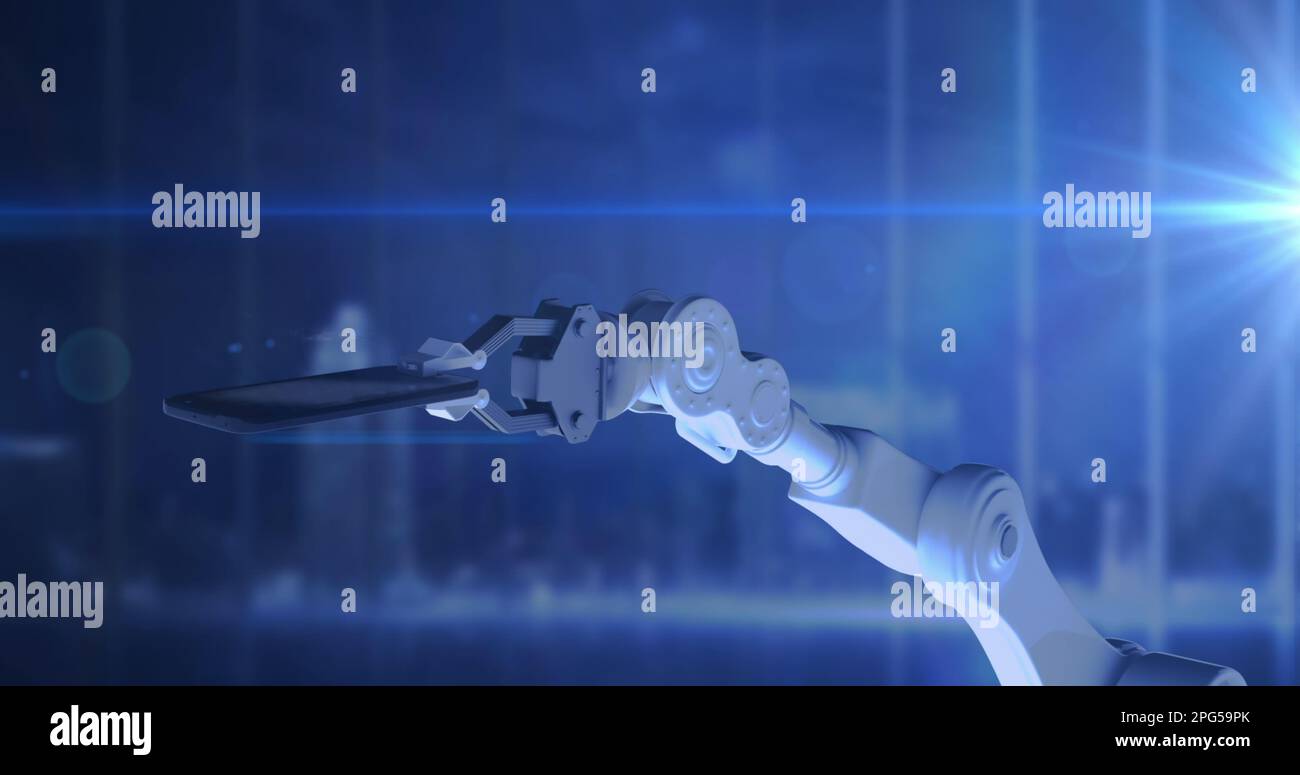 Image of robot's arm, tablet and globe with data processing over computer servers Stock Photo ...