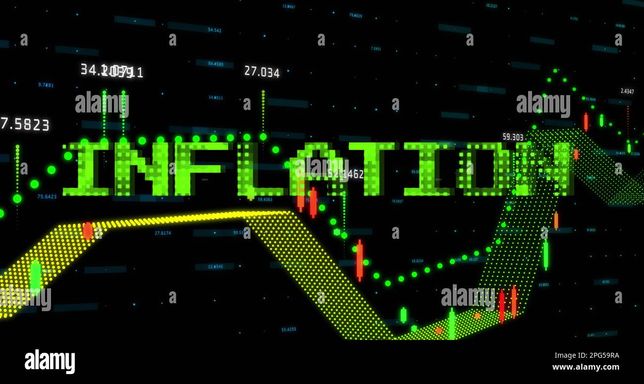 Image of inflation text in green over graph and processing data Stock Photo - Alamy