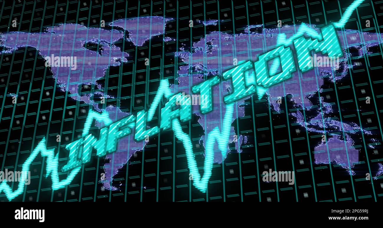 Image of inflation text in blue over graph and world map with data ...