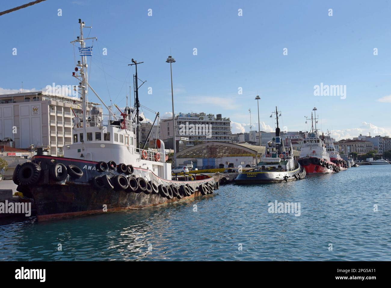 Tug boat Amazon and others in Patras Harbour, Peloponnese, Greece Stock ...