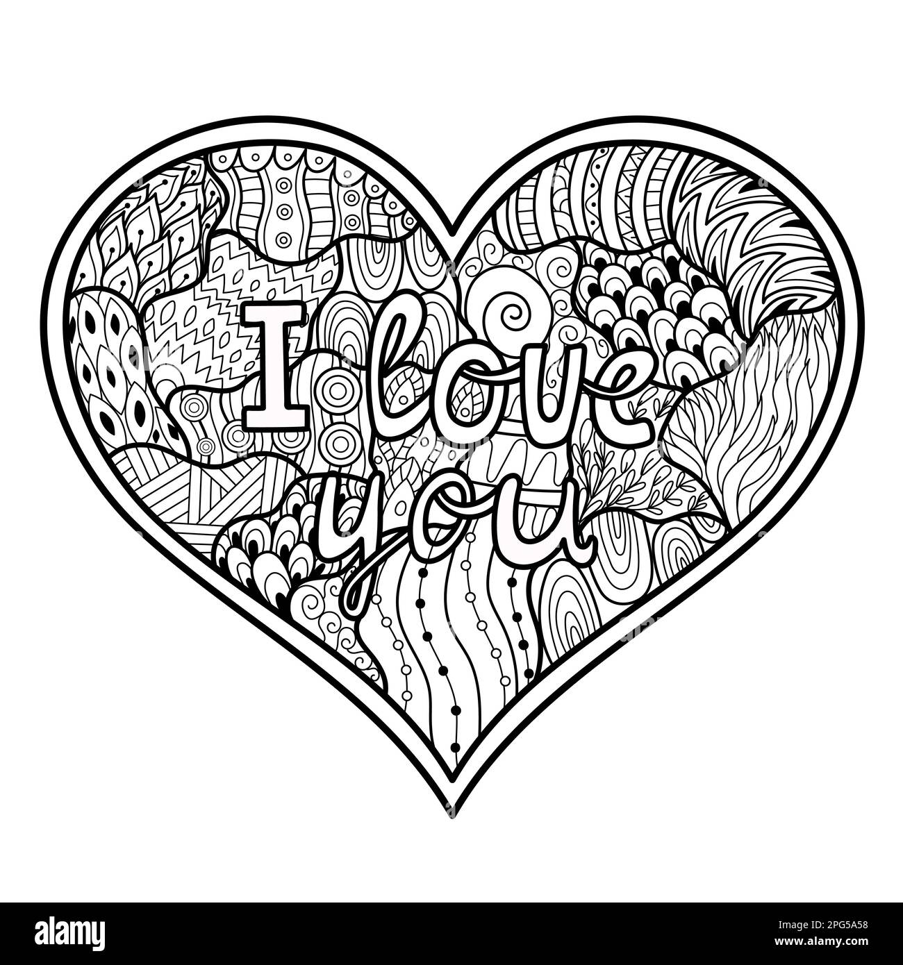 Doodle heart coloring page with I Love You text. Black and white ...