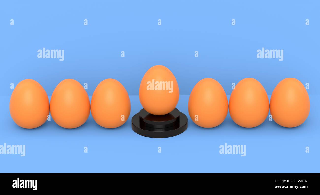 Farm brown egg on podium and crowd of eggs standing in line on blue ...