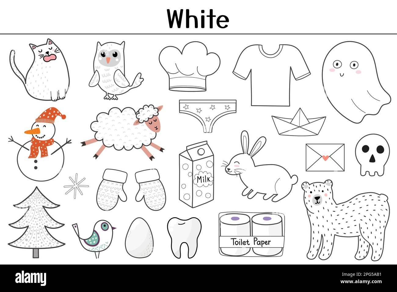 White color objects set. Learning colors for kids. Cute elements ...