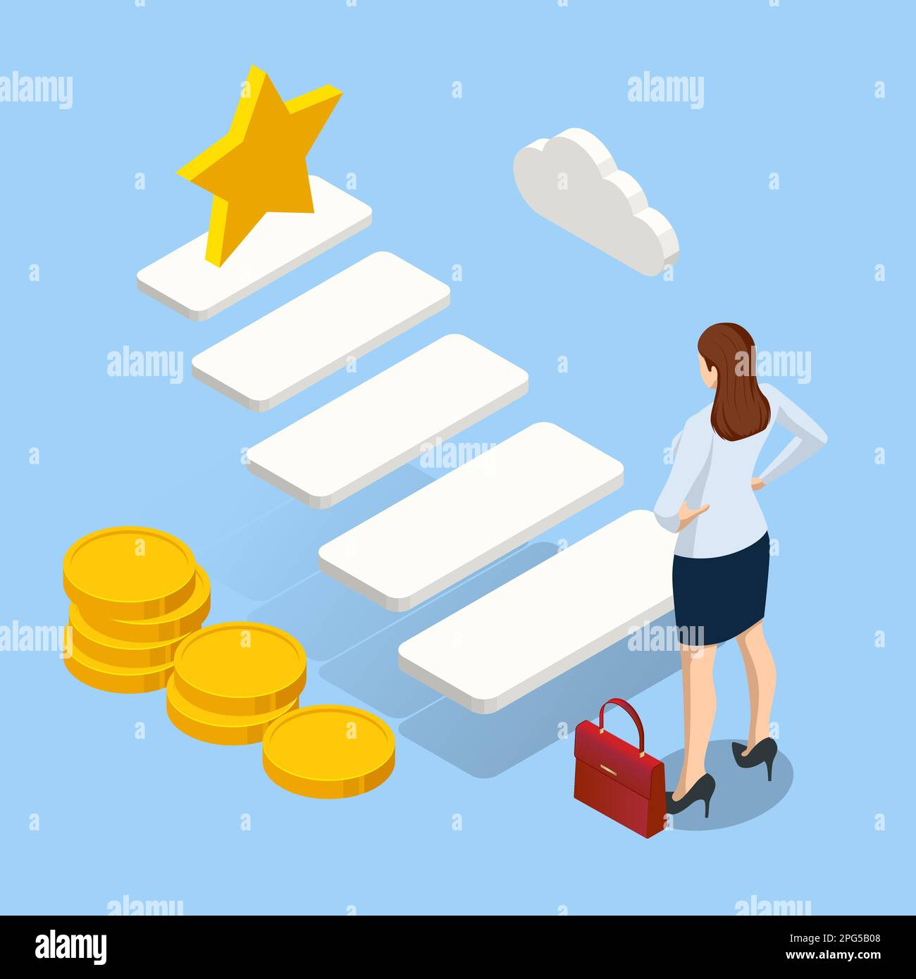Isometric Growth Opportunity and Success Stair. Business woman standing ...