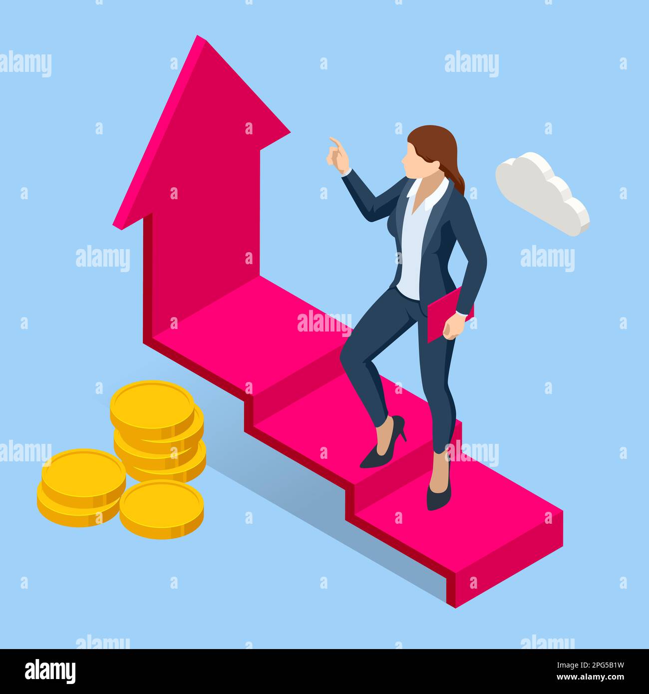 Isometric Growth Opportunity and Success Stair. Business woman standing ...