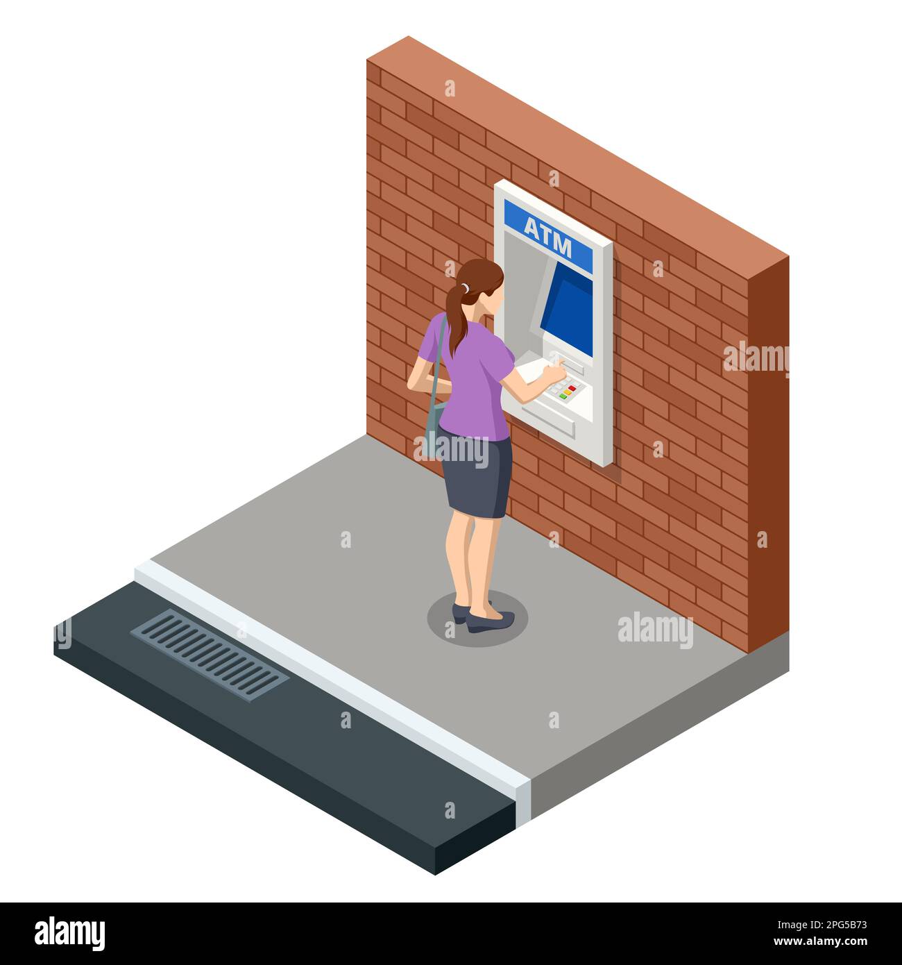 Isometric woman waiting for the credit card inserting from ATM Machine. ATM service machine of a ...