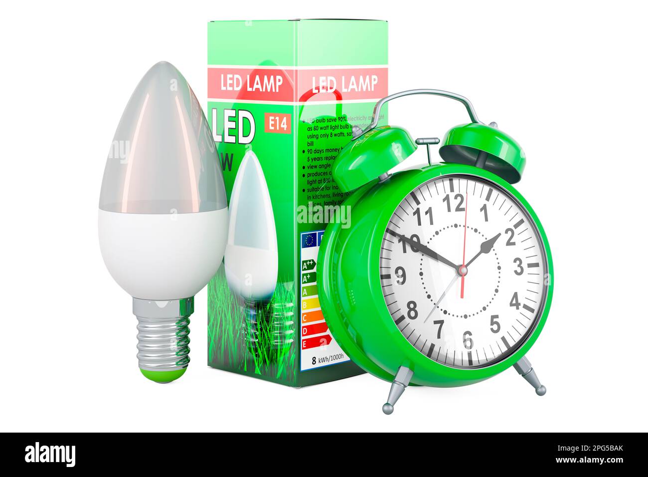 Energy savings LED lamp with alarm clock. 3D rendering isolated on ...